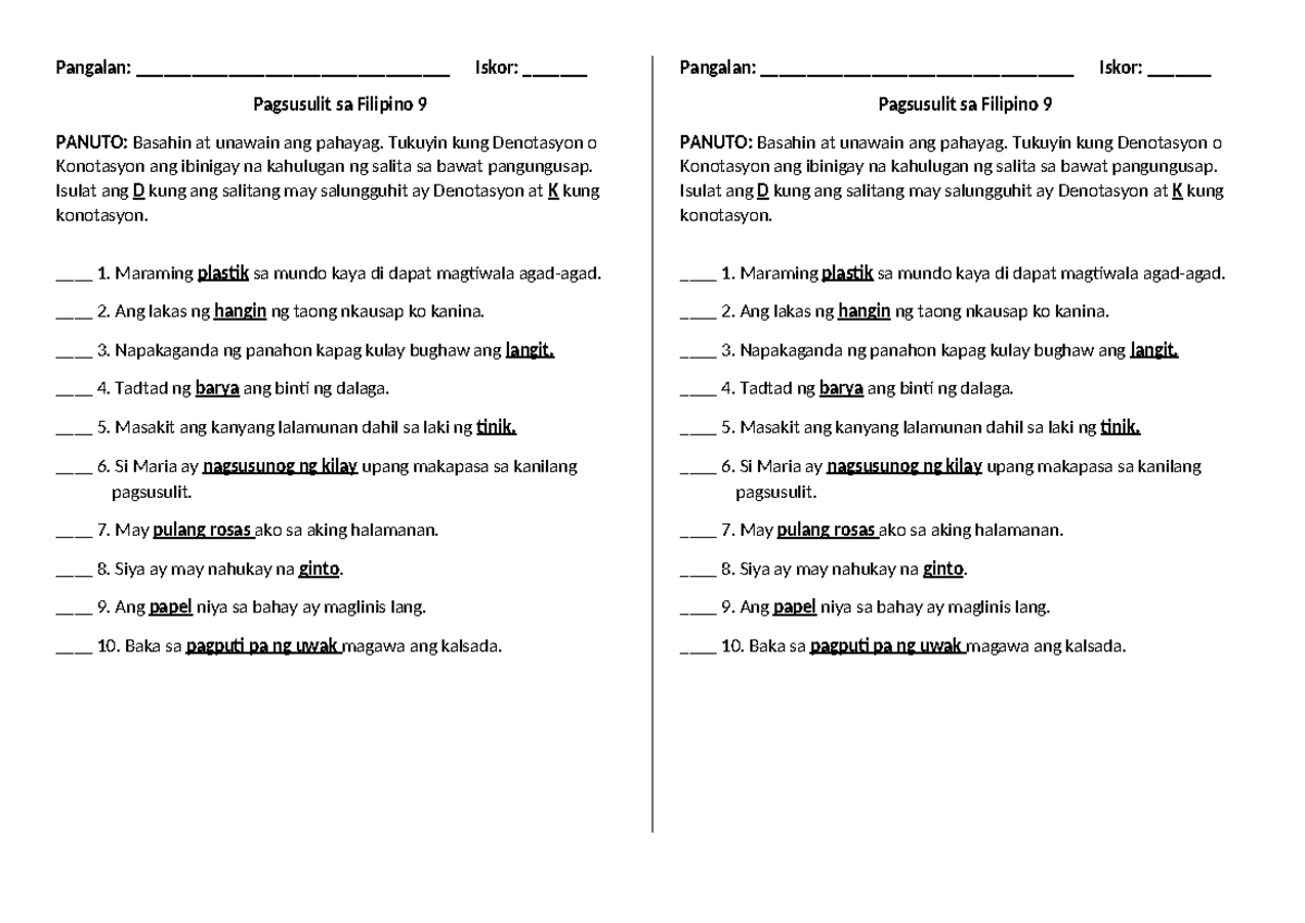 Fil 9 Quiz (CO2) - Denotasyon at Konotasyon na Pagsusulit - Studocu