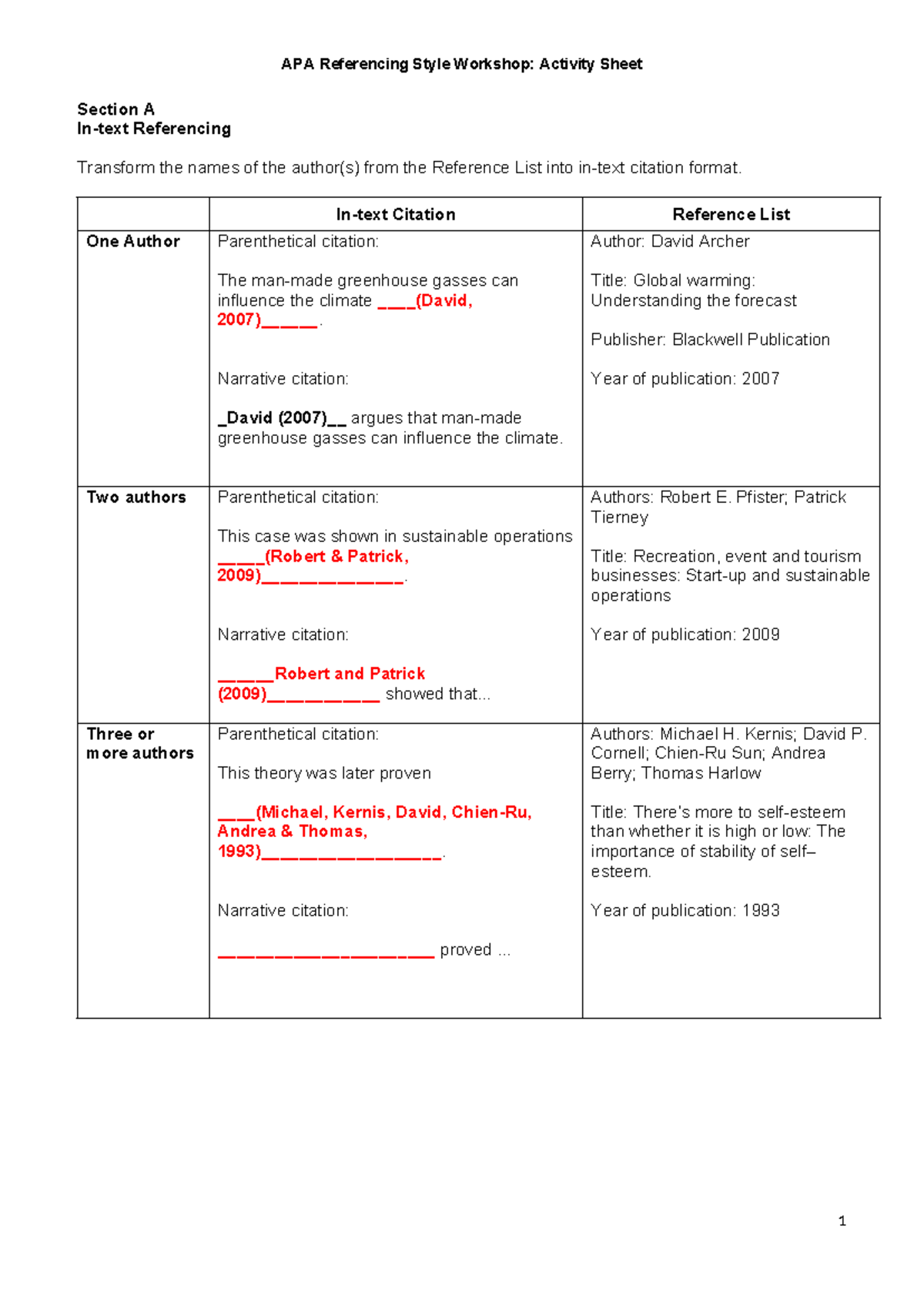 APA 7th Exercise: Referencing Workshop Activity Sheet - Studocu