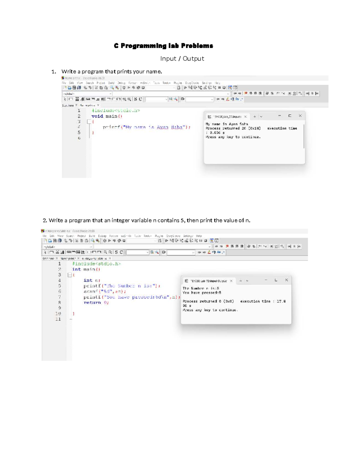 C Programming Lab: Input & Output Exercises - Studocu