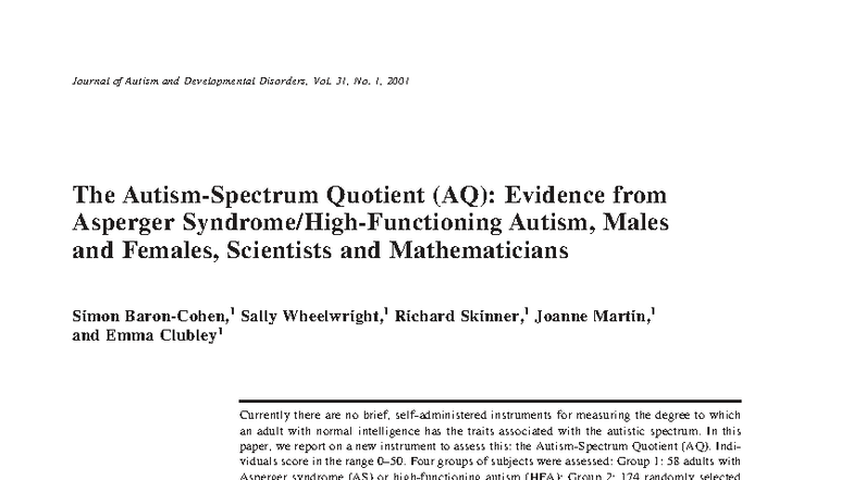 AQ-50: Assessing Autistic Traits in Adults with Normal Intelligence ...