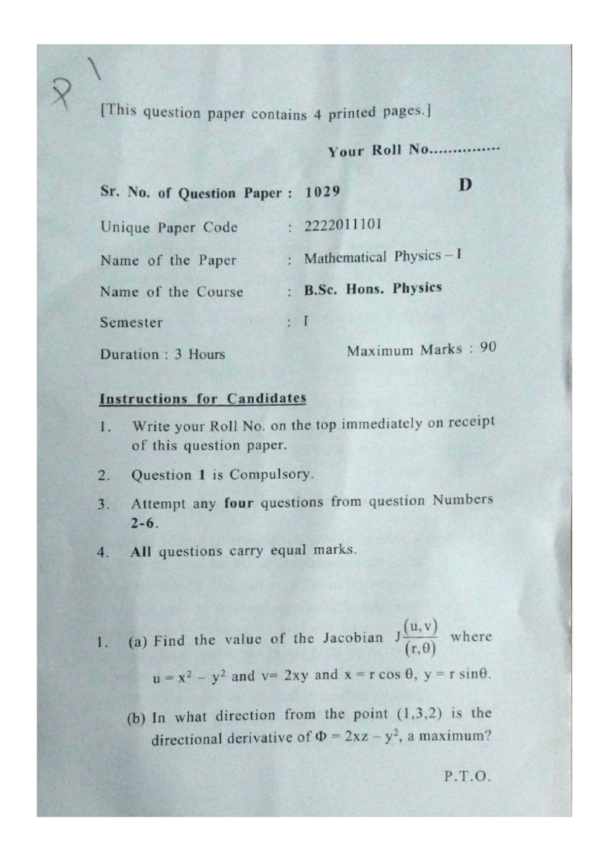 Mathematical Physics I & Mechanics Question Papers - B.Sc. Hons ...