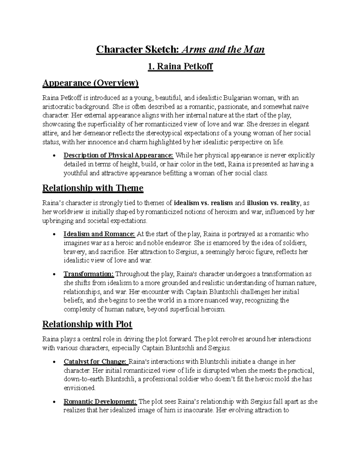 Character Sketch drama - Character Sketch: Arms and the Man 1. Raina ...