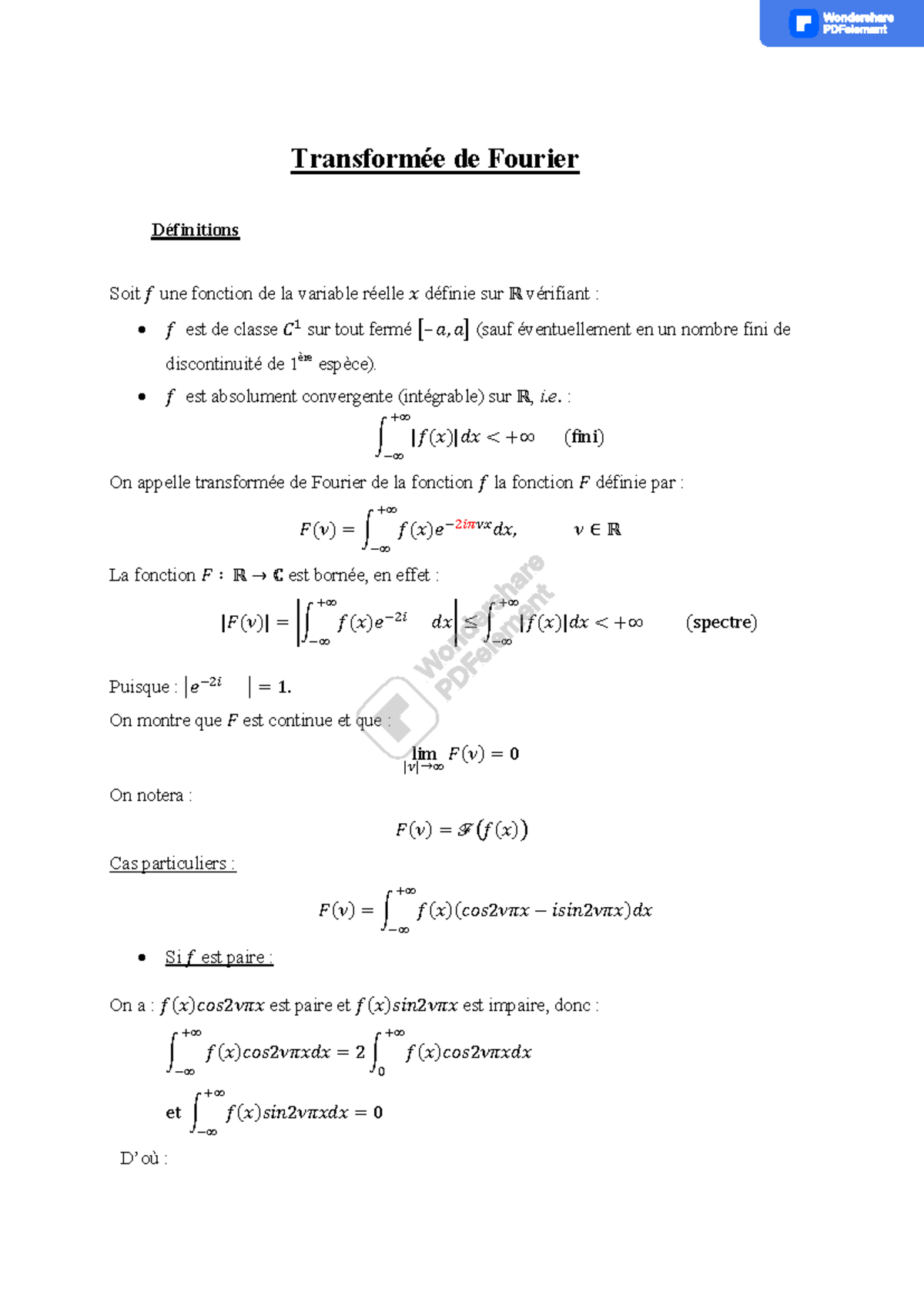 Cours transformée de Fourier - Transformée de Fourier Définitions Soit ...