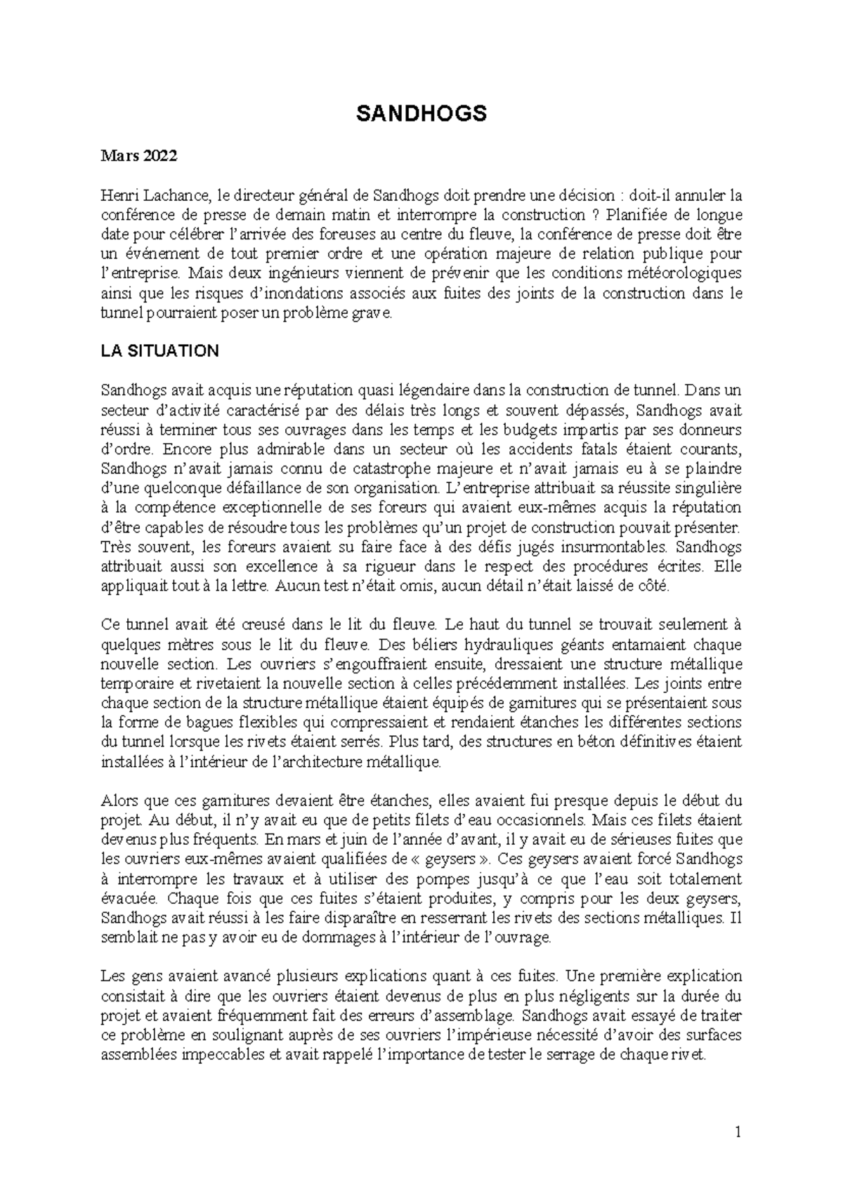 Cas Sandhogs - Étude de cas sur la décision de construction et de ...