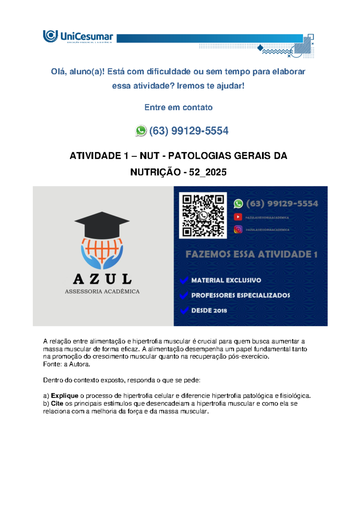 Atividade 1: Hipertrofia Muscular e Alimentação - NUT PATOLOGIAS GERAIS ...
