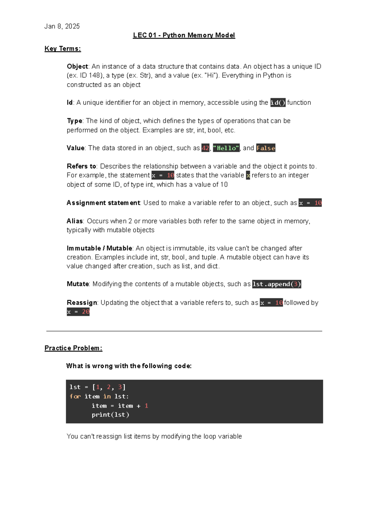 CSC148 LEC01 - Key Terms in Python Memory Model - Studocu