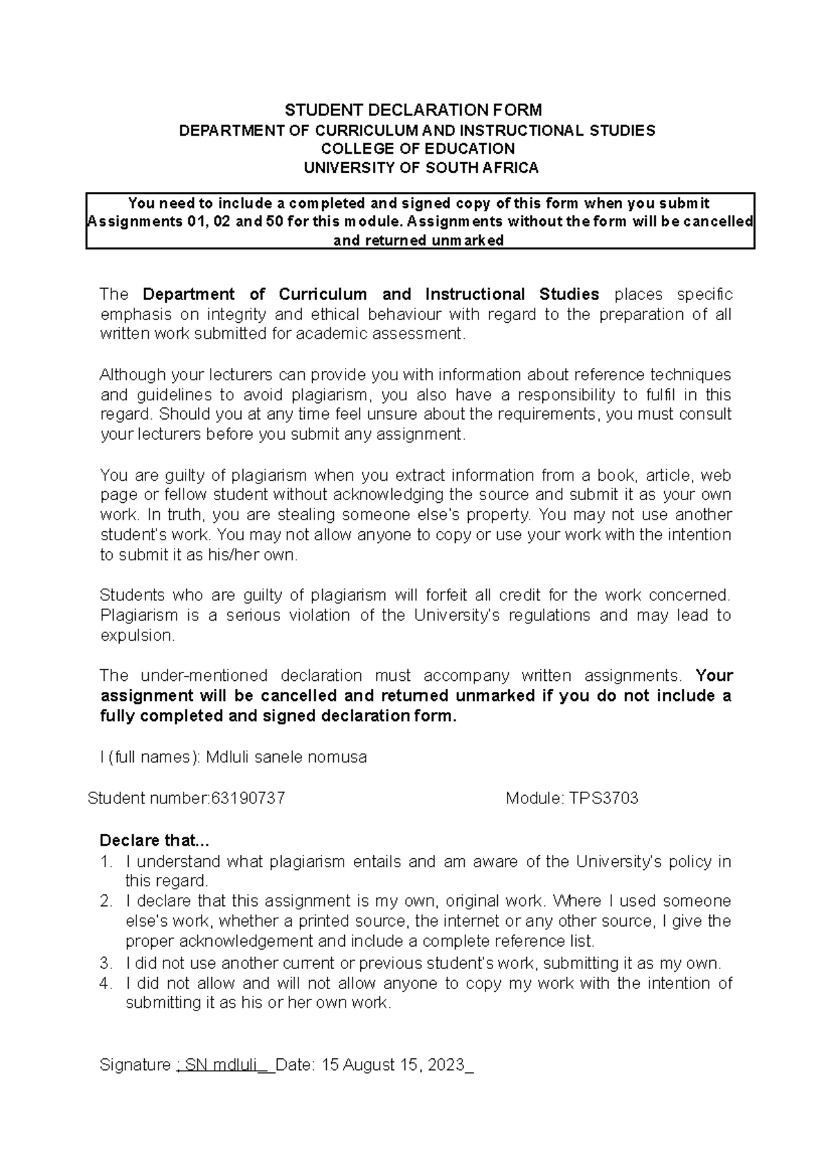 TPS 3703Ass 2A 2023 Redone 2 - STUDENT DECLARATION FORM DEPARTMENT OF ...