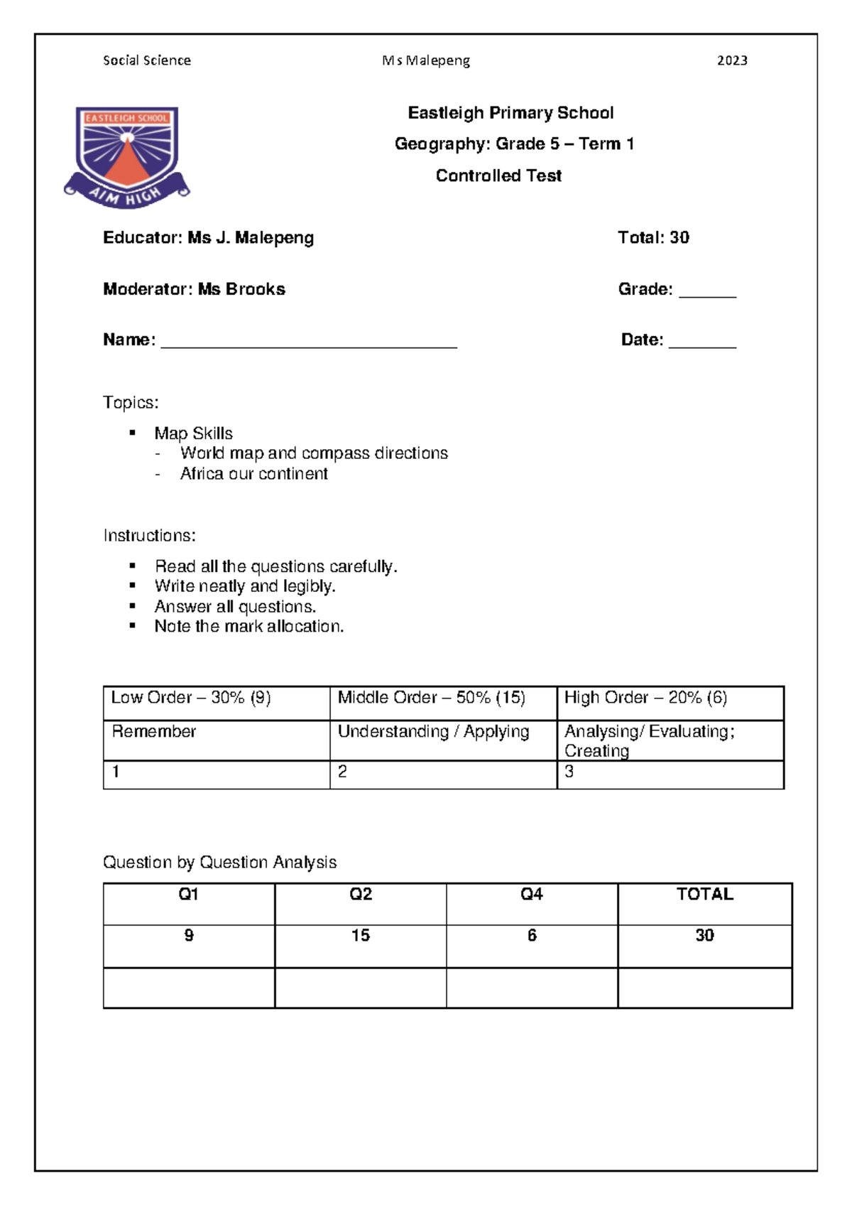Grade 5 Geography Assessment - Term 1 (Controlled Test) - Studocu
