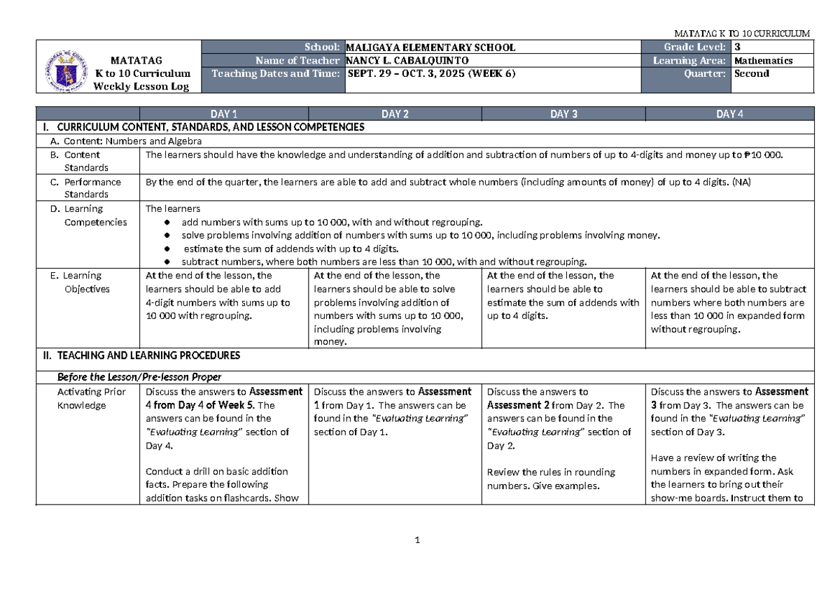 DLL MATATAG MATH 3 Q2 W6 - Weekly Lesson Log for Mathematics - Studocu