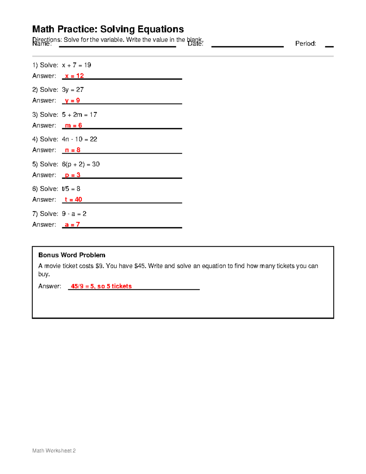 02 Math Solving Equations - Math Practice: Solving Equations Directions ...