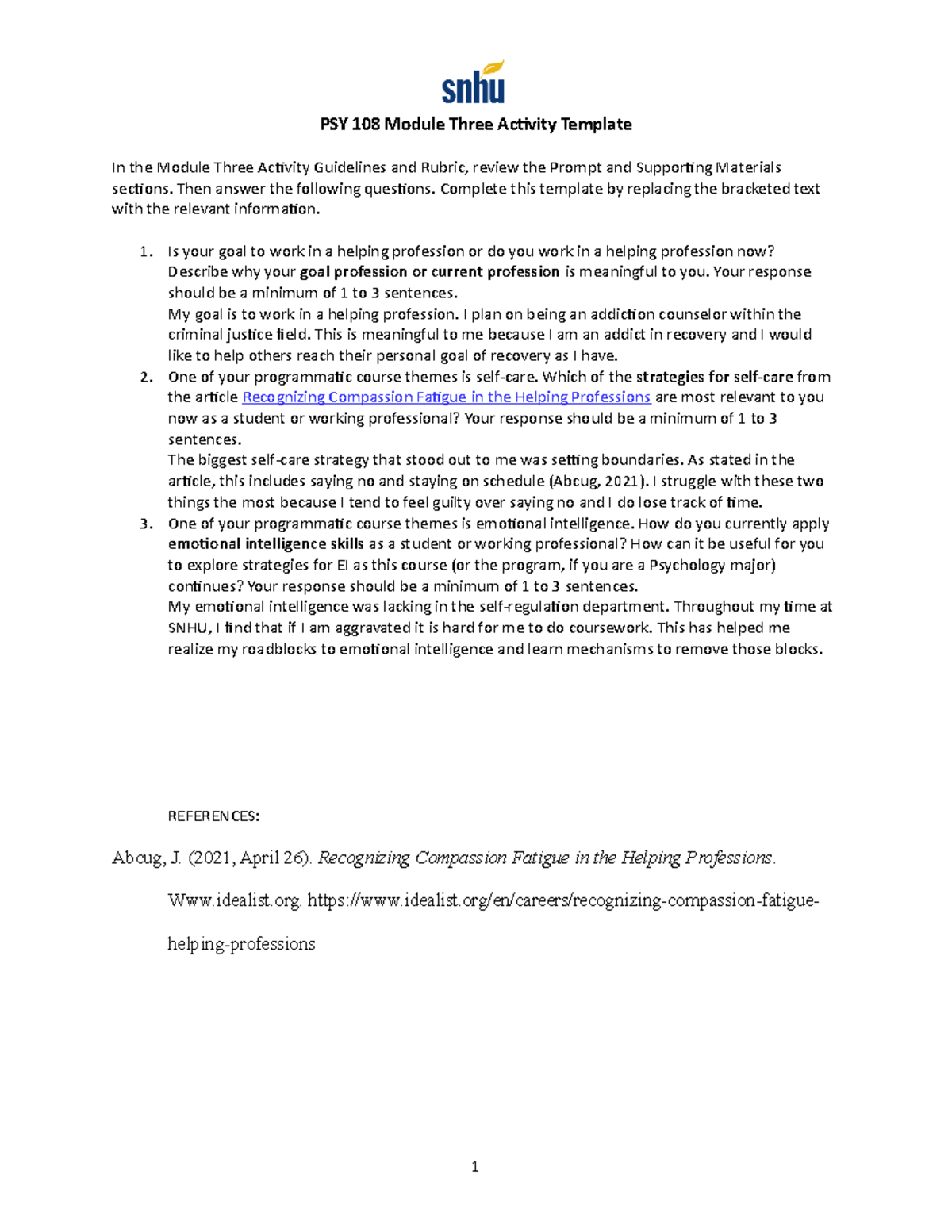 PSY 108 Module Three Activity: EI Careers & Compassion Fatigue Insights ...