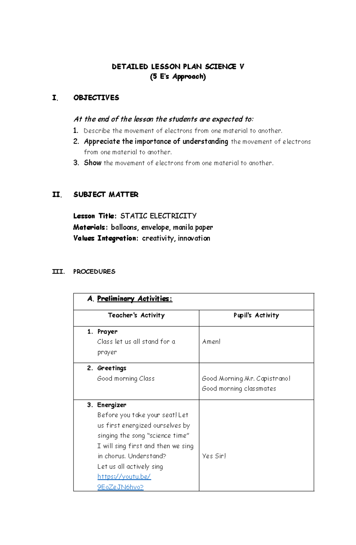 Detailed Lesson Plan: Static Electricity (Science V) - Studocu