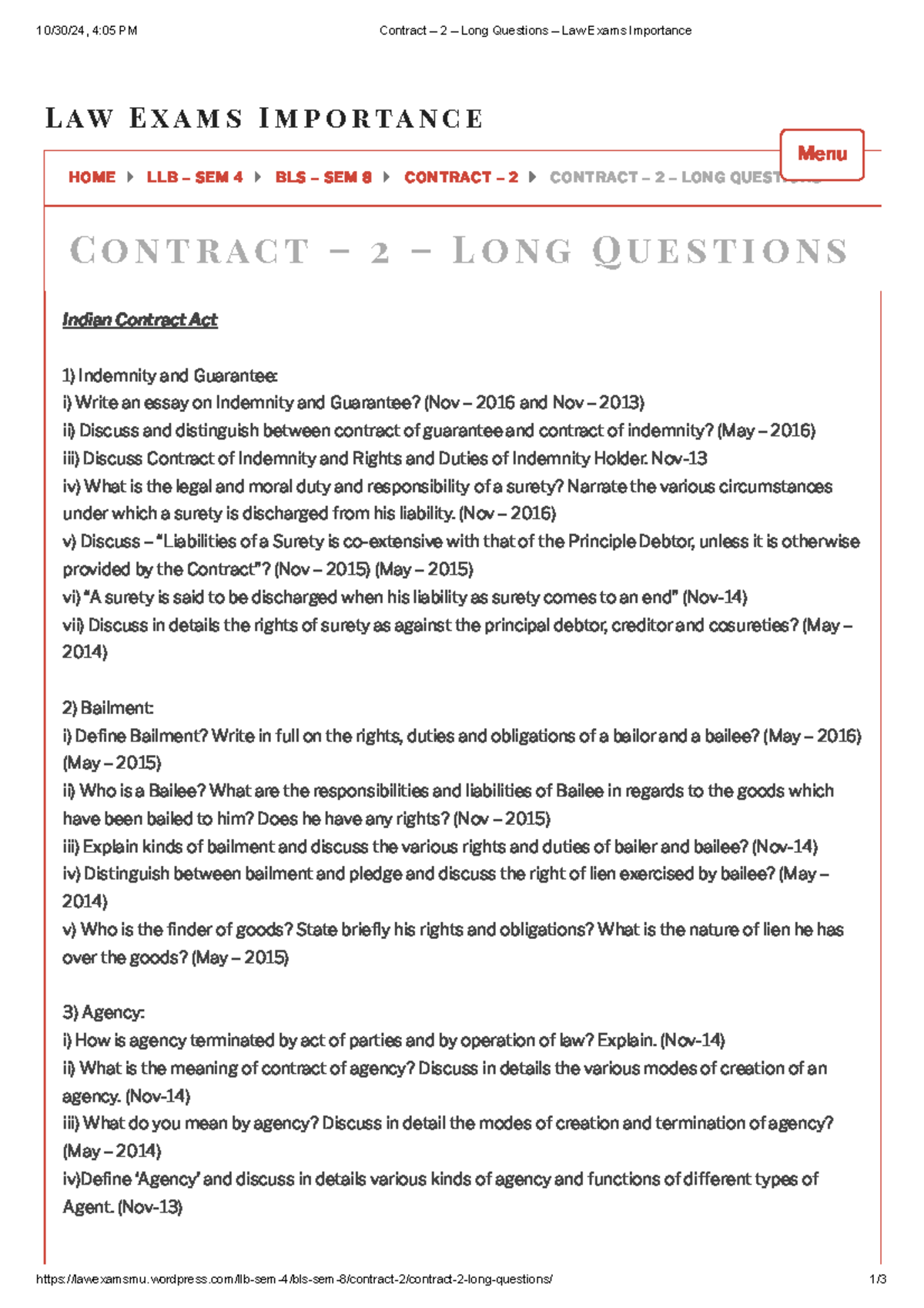 Contract - 2: Long Questions and Law Exams Significance - Studocu