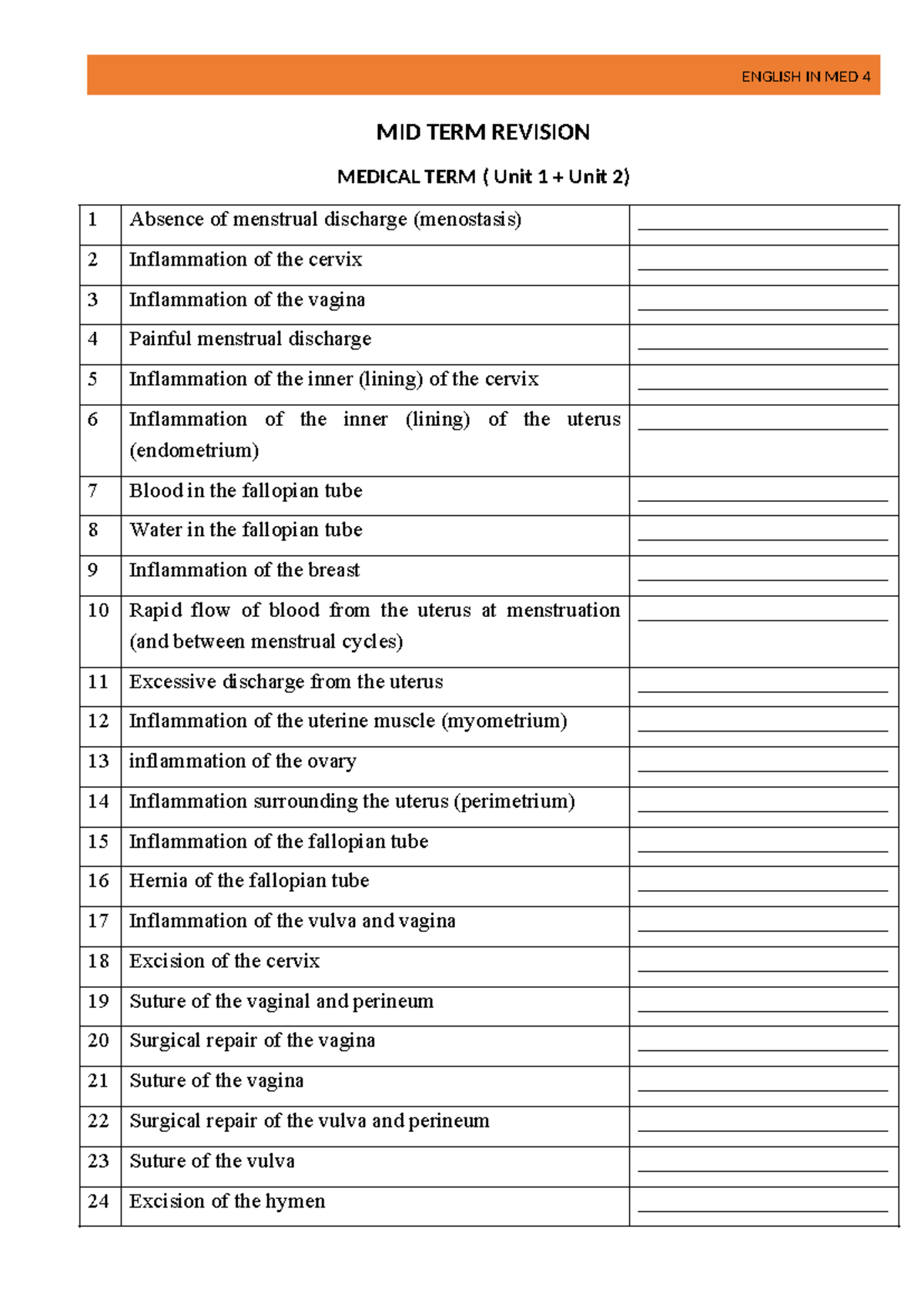 Medical terms U2 - TA4 - ENGLISH IN MED 4 MID TERM REVISION MEDICAL ...