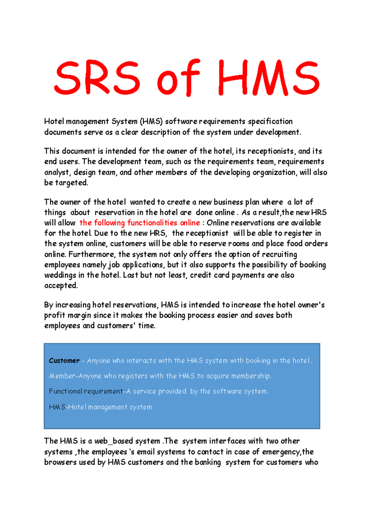 SRS Document for HMS - Comprehensive Hotel Management System - Studocu