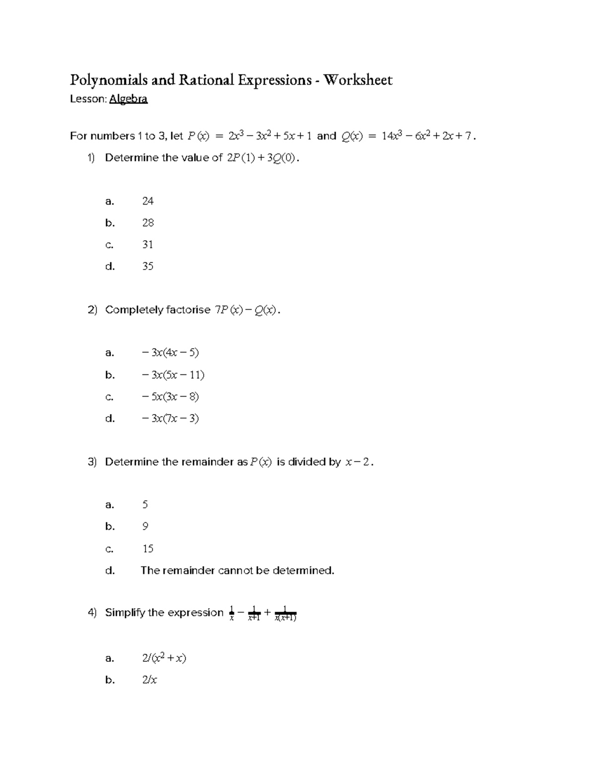 Algebra 101 - Polynomials & Rational Expressions Worksheet - Studocu