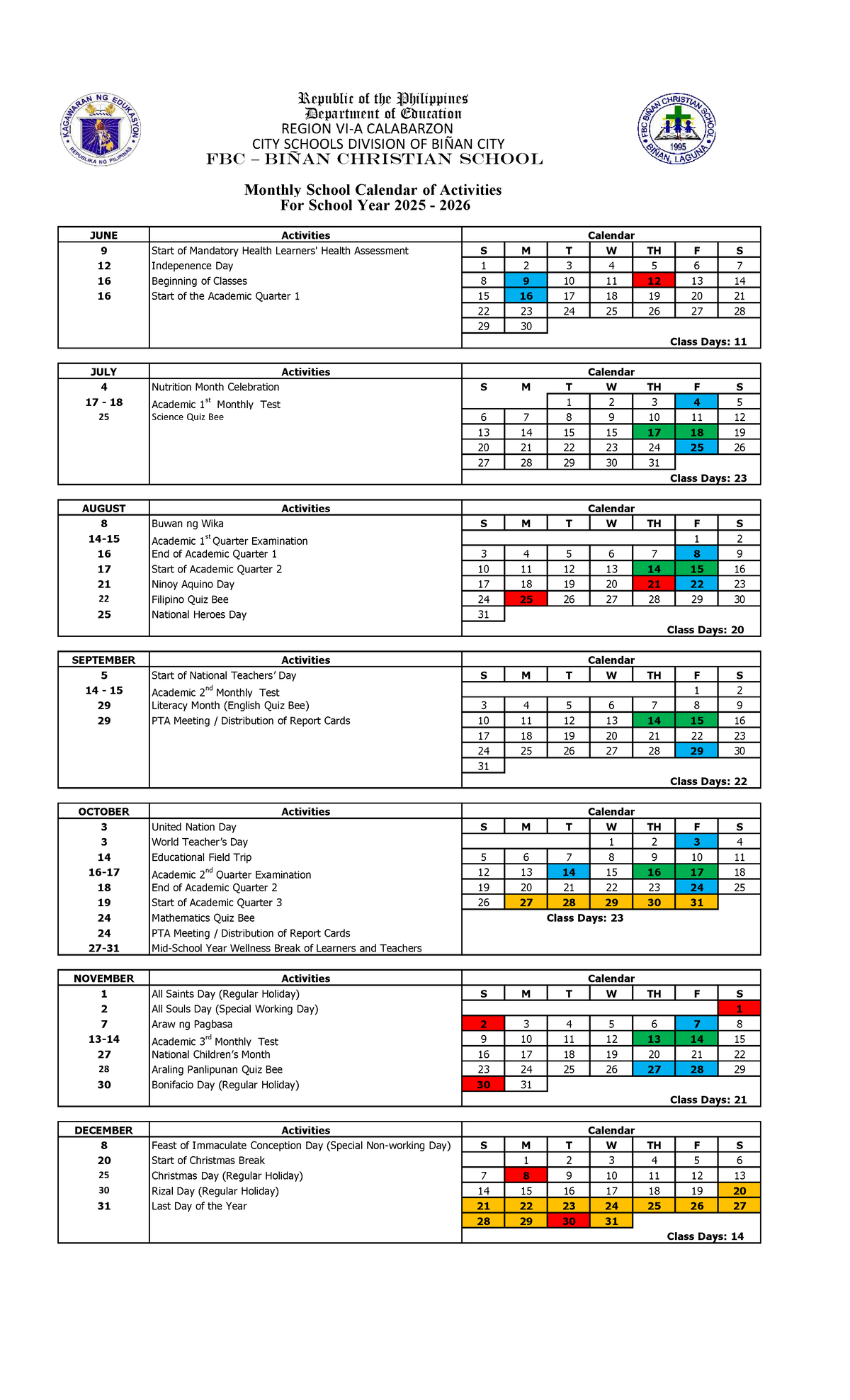 Monthly School Calendar of Activities SY 2025-2026 - FBC Biñan - Studocu