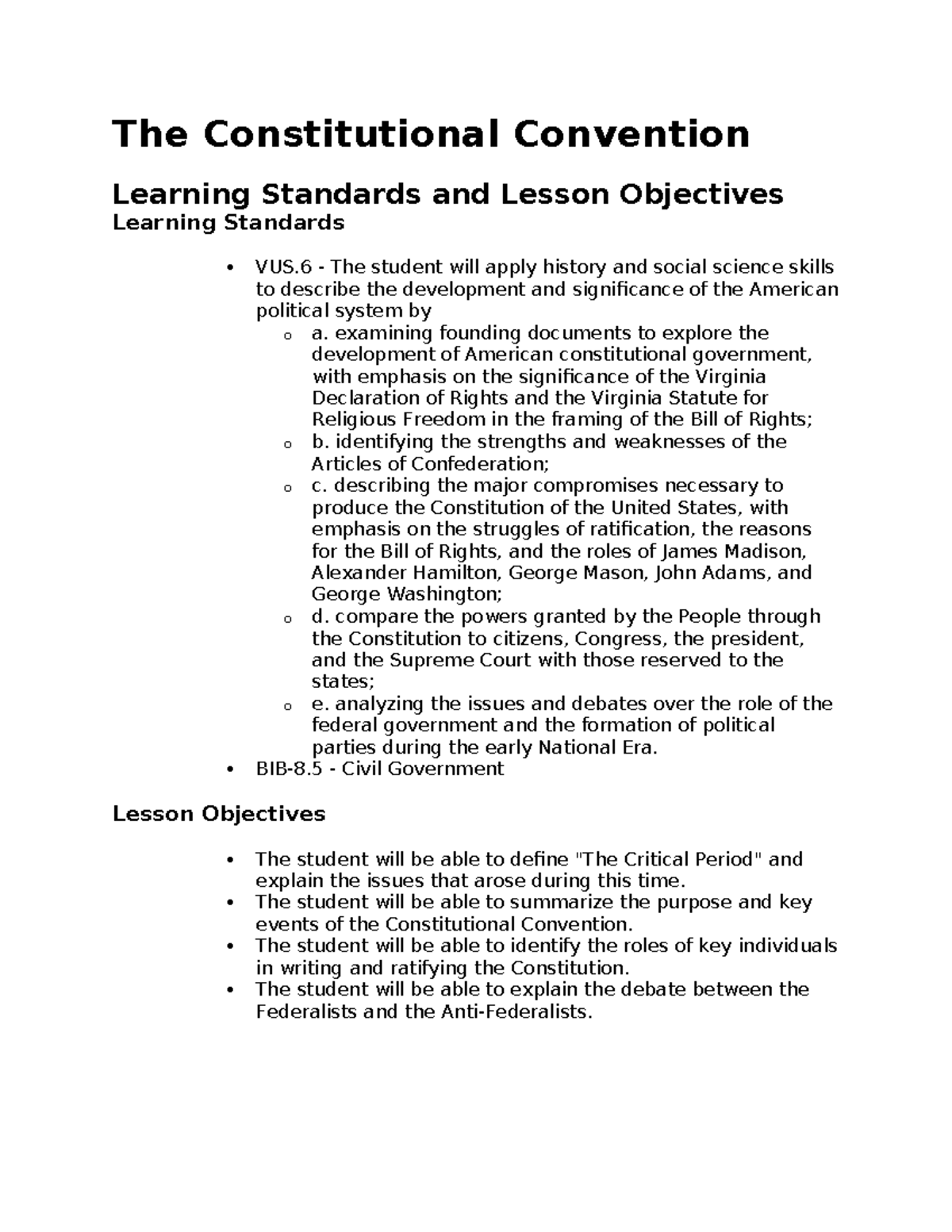 The Constitutional Convention and Compromises: VUS.6 Lesson Overview ...