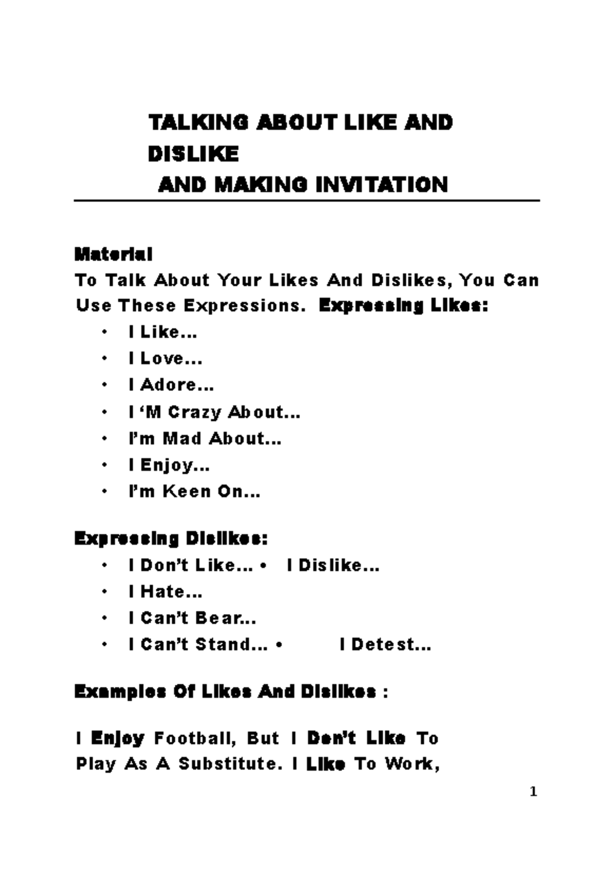 Likes and Dislikes: Expressions and Invitations in Communication - Studocu