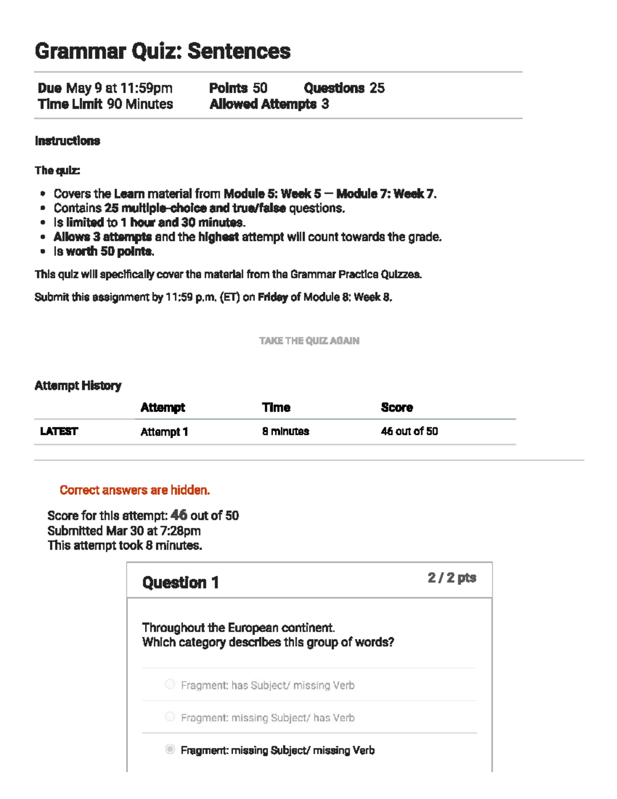 ENGL101 Week 8 Grammar Quiz Review: Sentences Score 46/50 - Studocu