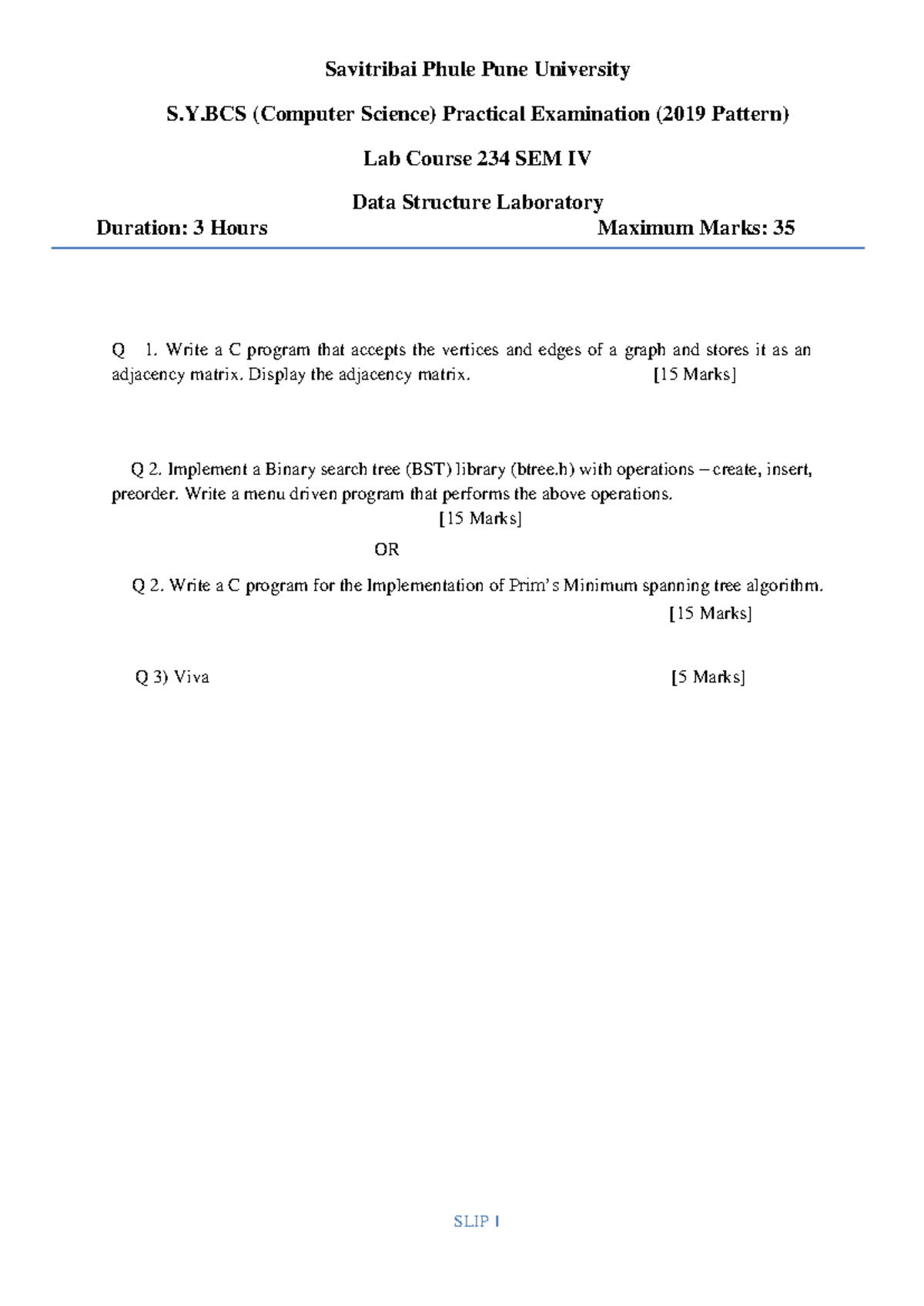 S.Y.BCS (Computer Science) Lab Exam 234: Data Structures Practical ...