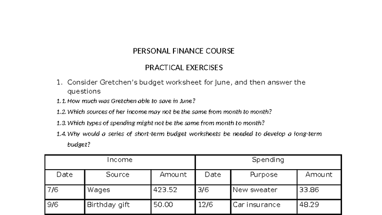 PERSONAL FINANCE COURSE PRACTICAL EXERCISES 1-3 - Studocu