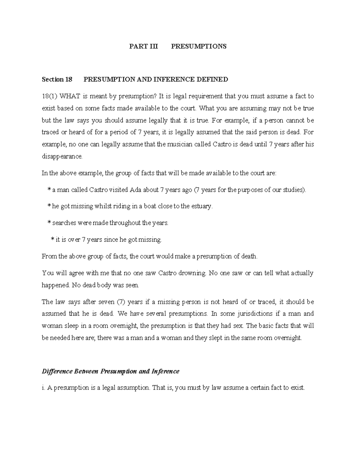 Law of Evidence Course Notes: Presumptions & Inferences (PART 3) - Studocu