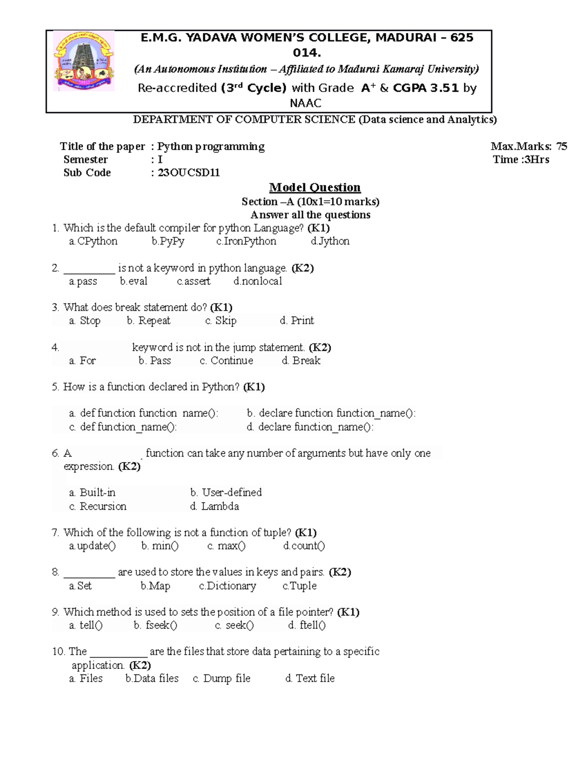 Python Programming Model Question Paper (Sem I, Sub Code: 23OUCSD ...