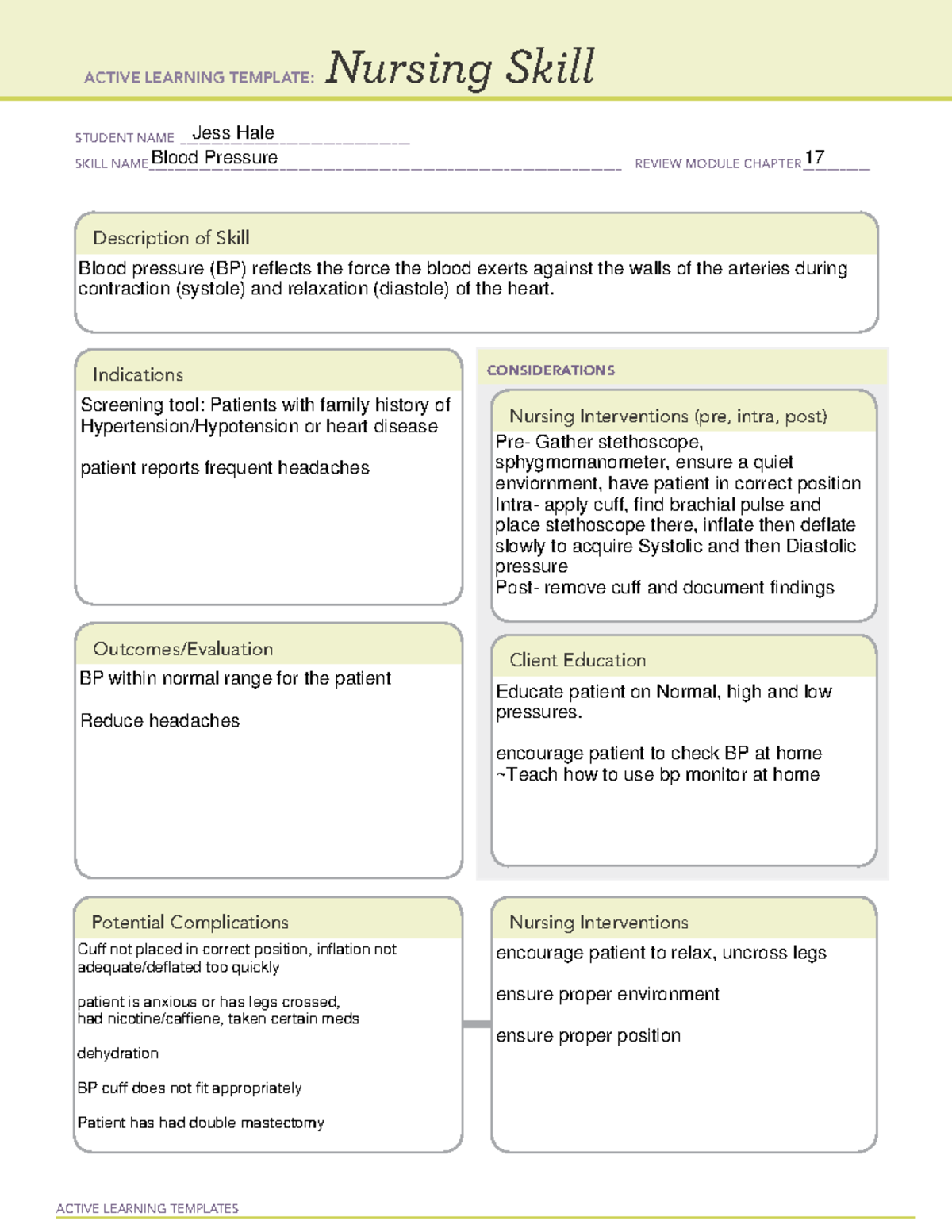 ATI Nursing Skill Template: Blood Pressure Assessment Guide - Studocu