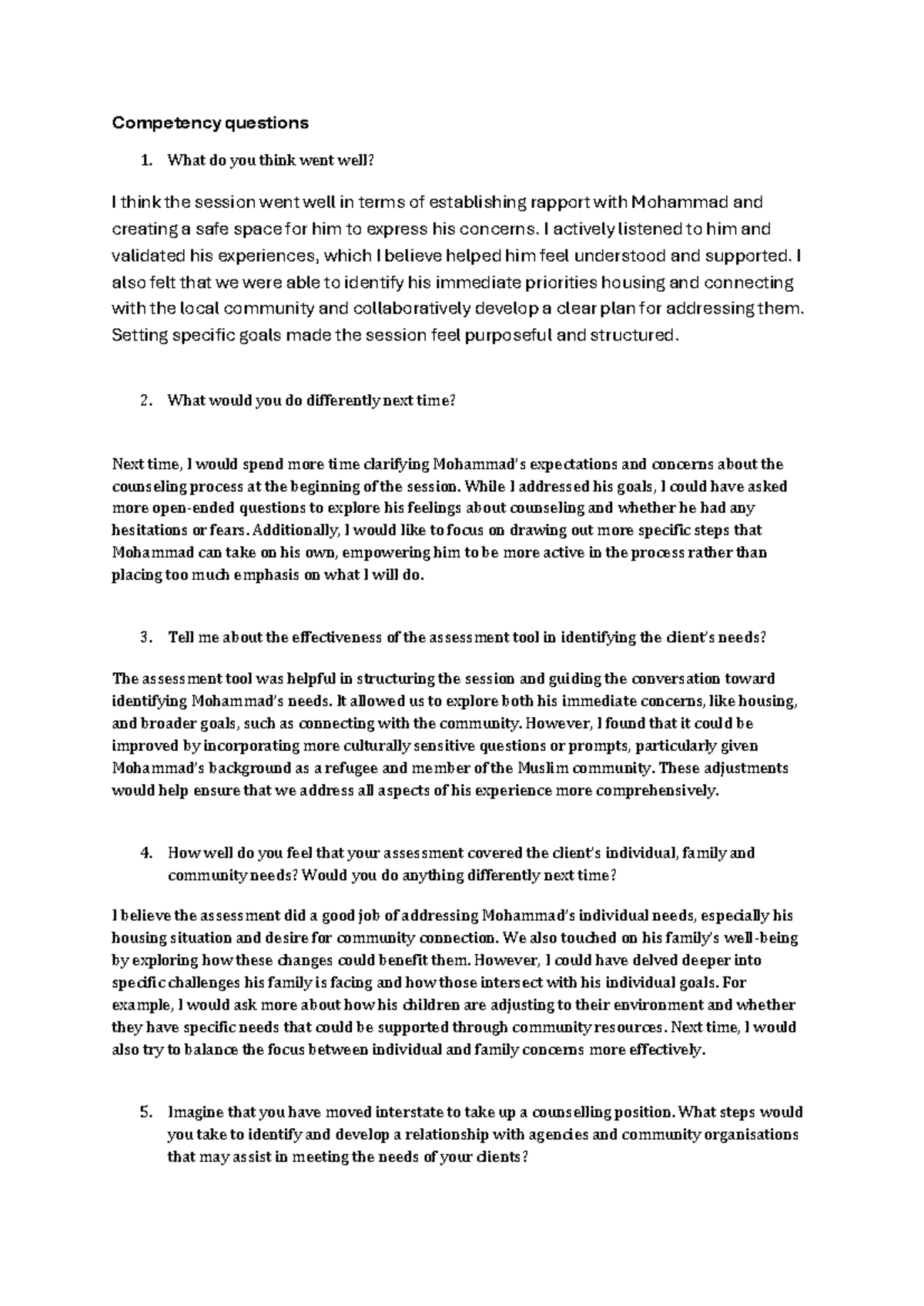 Competency Questions - Counseling Reflection and Improvement Strategies ...