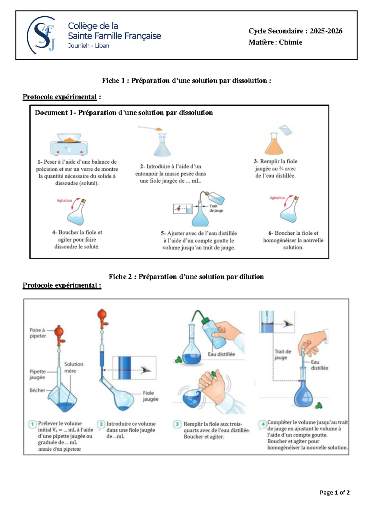 Cycle Secondaire : Chimie - Fiche 1 & 2 sur Dissolution et Dilution ...