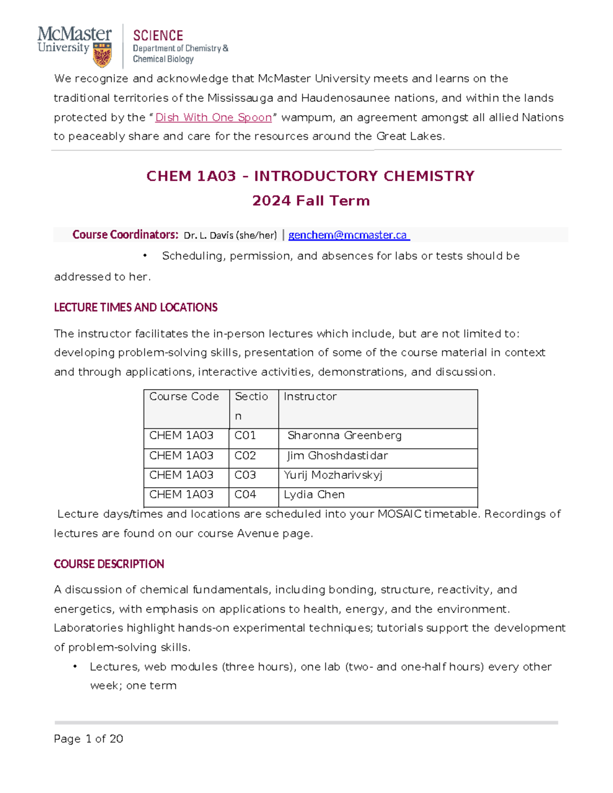 CHEM 1A03-F2024: Introductory Chemistry Course Outline and Details ...