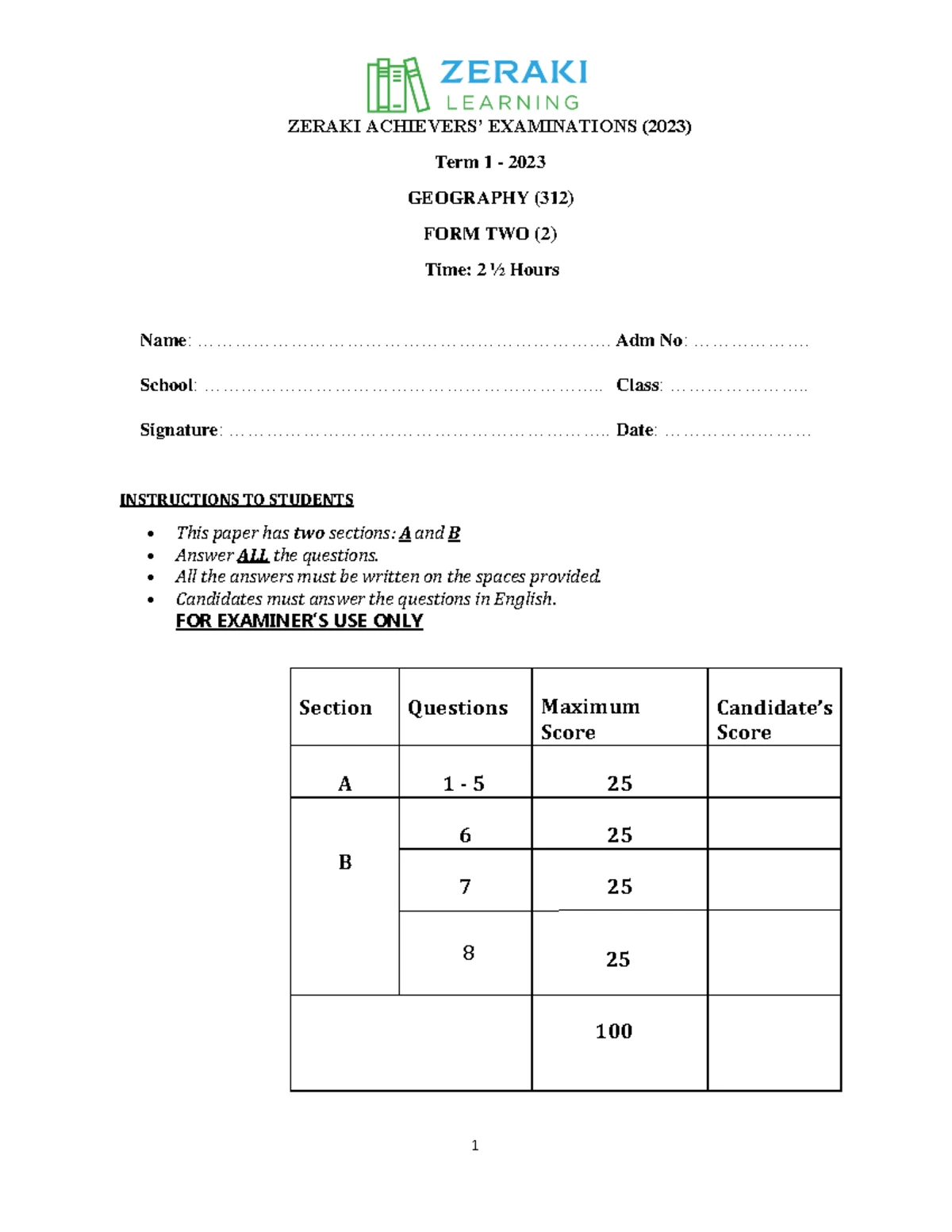 English - English Form 2 - Question Paper - ZERAKI ACHIEVERS ...