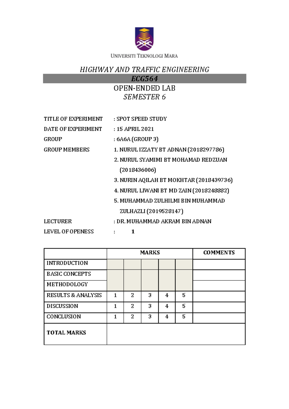 UiTM Spot Speed Study Lab Report - HIGHWAY AND TRAFFIC ENGINEERING ECG ...
