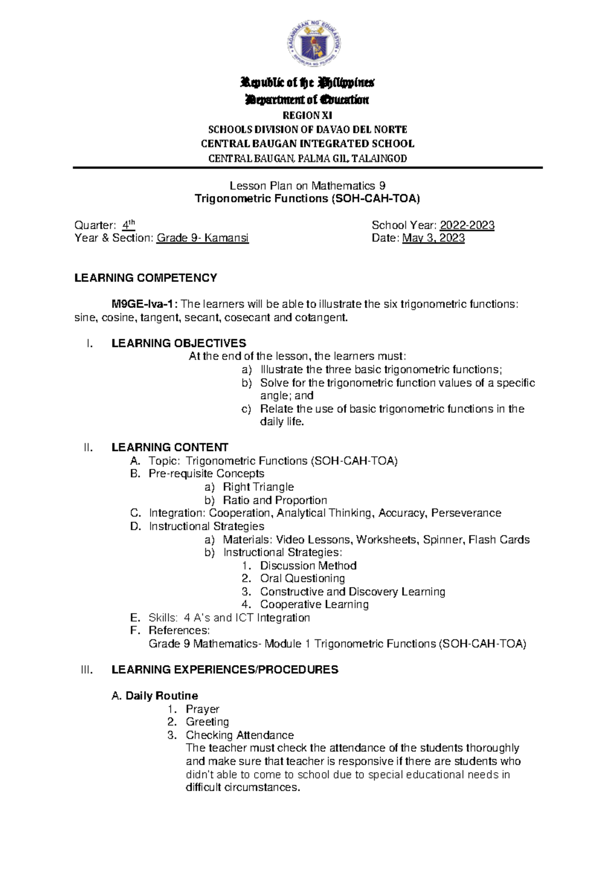 LP Math 9 COT 2 - Lesson Plan on Trigonometric Functions (SOH-CAH-TOA ...