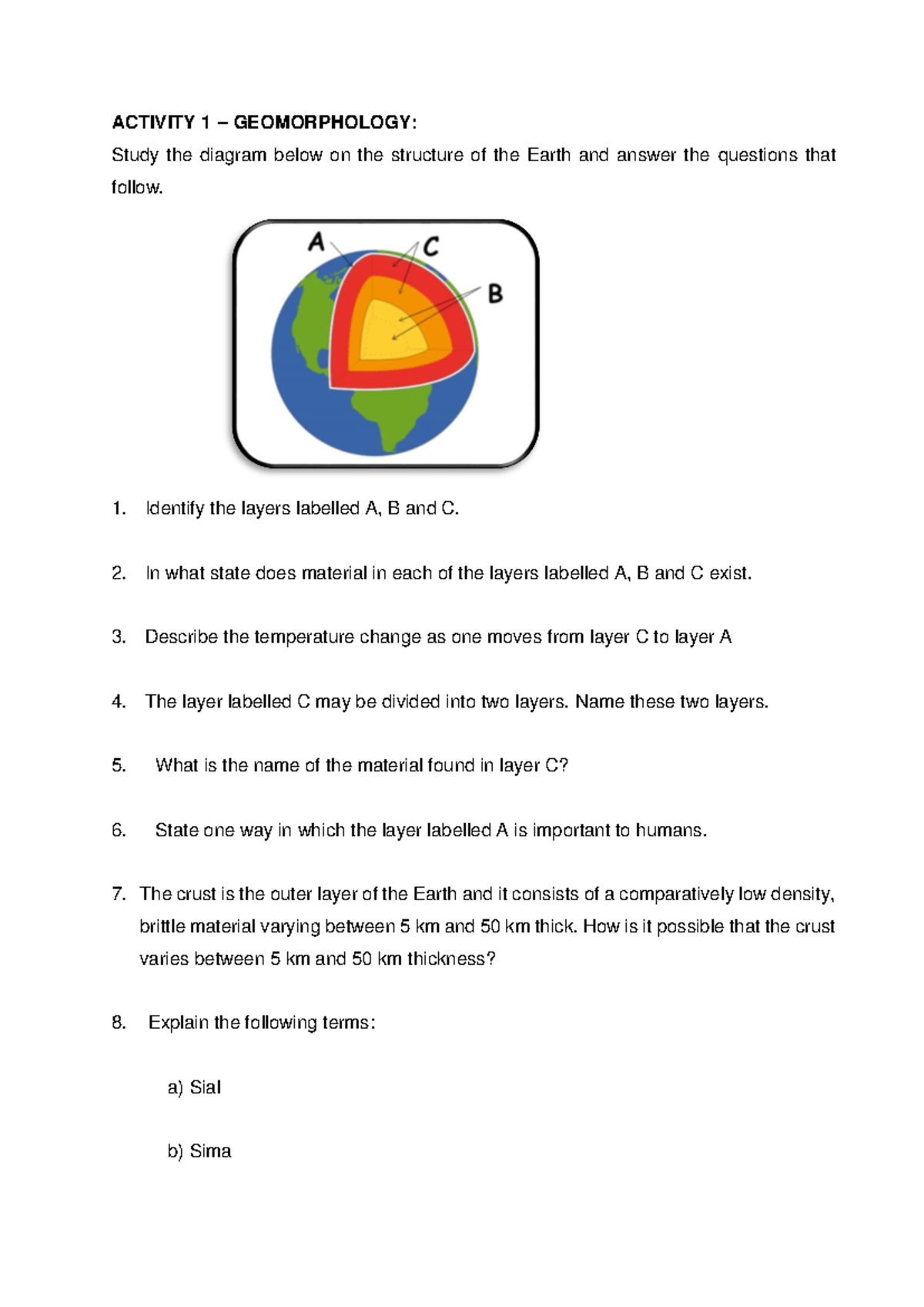 Grade 10 Term 2 Earth Structure and Geomorphology Activities - Studocu