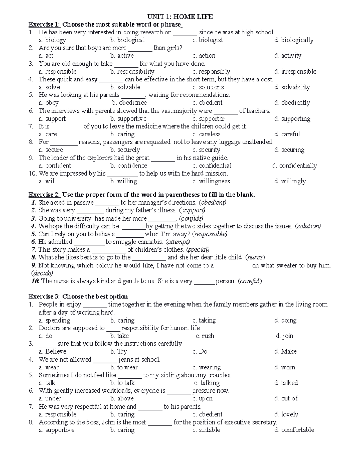 Grade 12 WORD FORM Exercise: Comprehensive Practice Guide - Studocu
