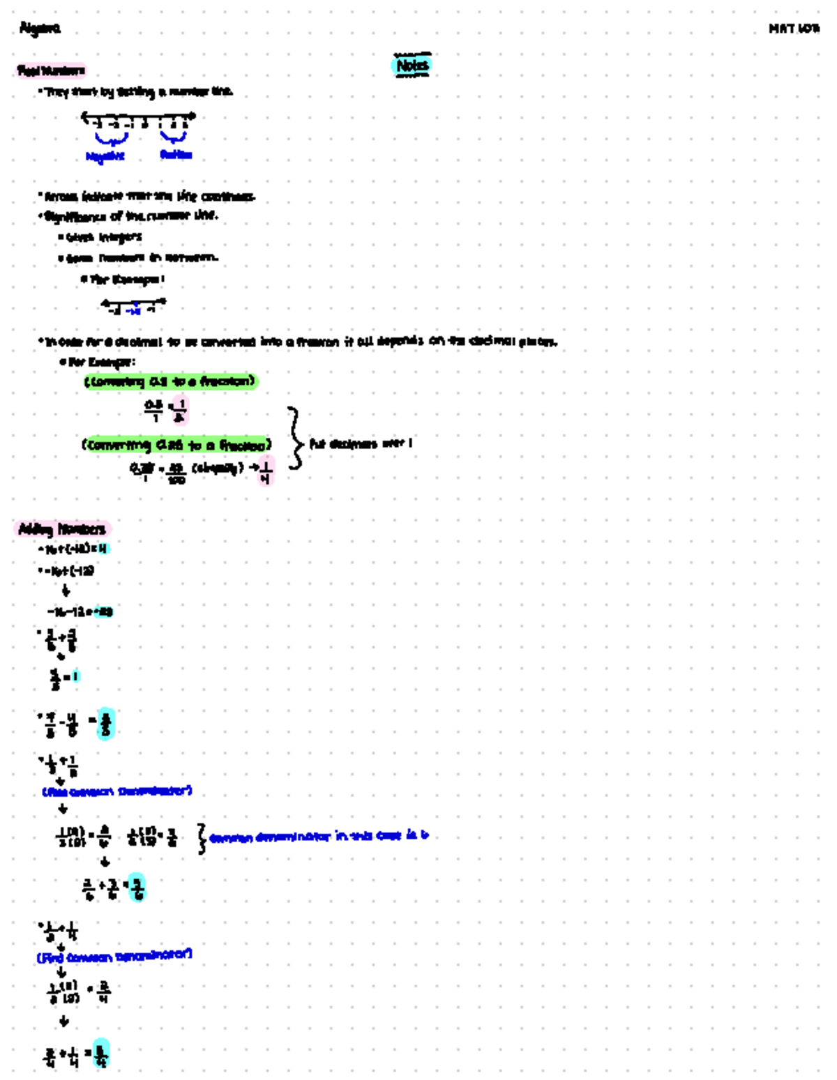 Addition and Multiplication Notes - Algebra MAT 103 RealNumbers N0tesmʰ ...