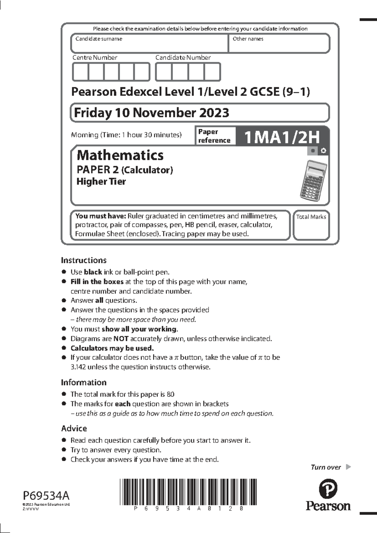 GCSE Mathematics Paper 2 (Calculator) Higher Tier Exam - Nov 2023 - Studocu