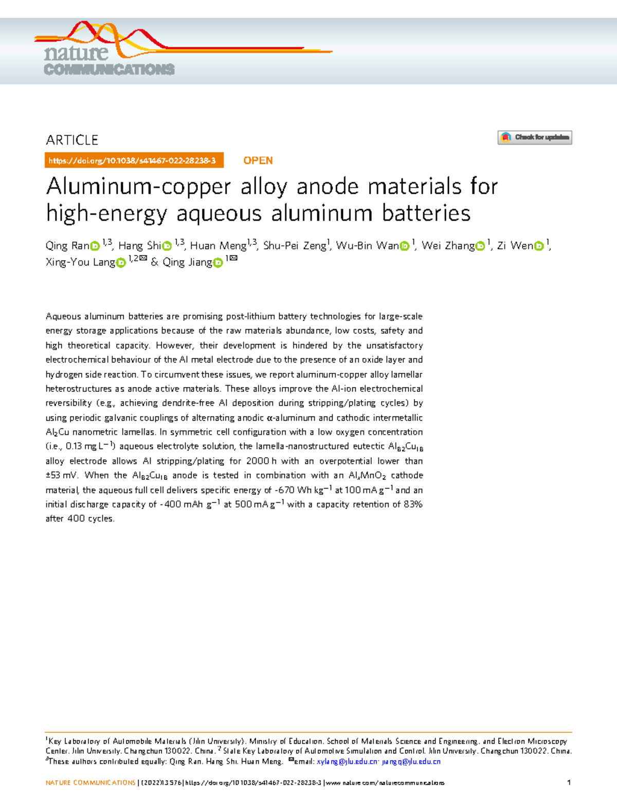 Alloy Anode Materials for Aqueous Aluminum Batteries (NATURE ...