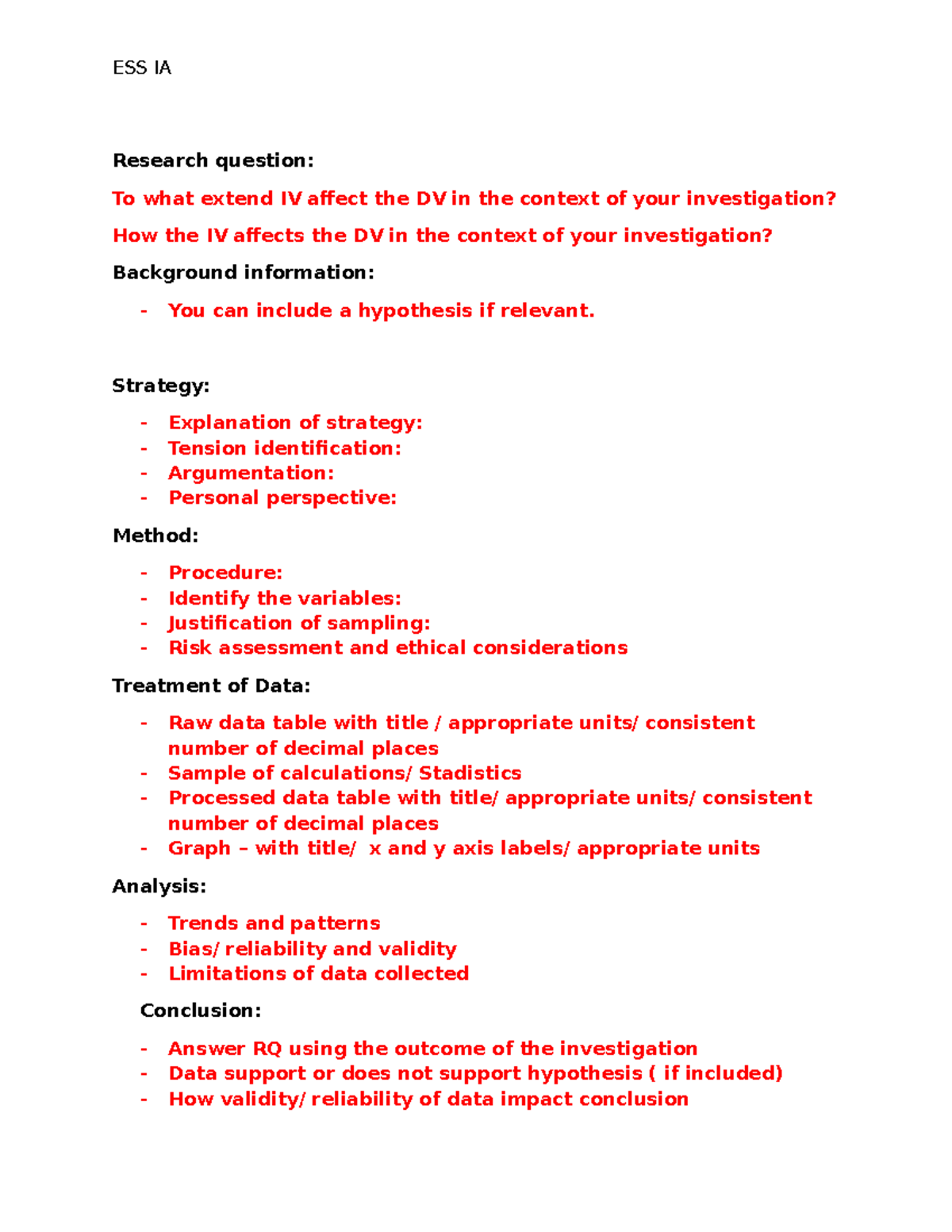 IA guide for structure - its important - ESS IA Research question: To ...