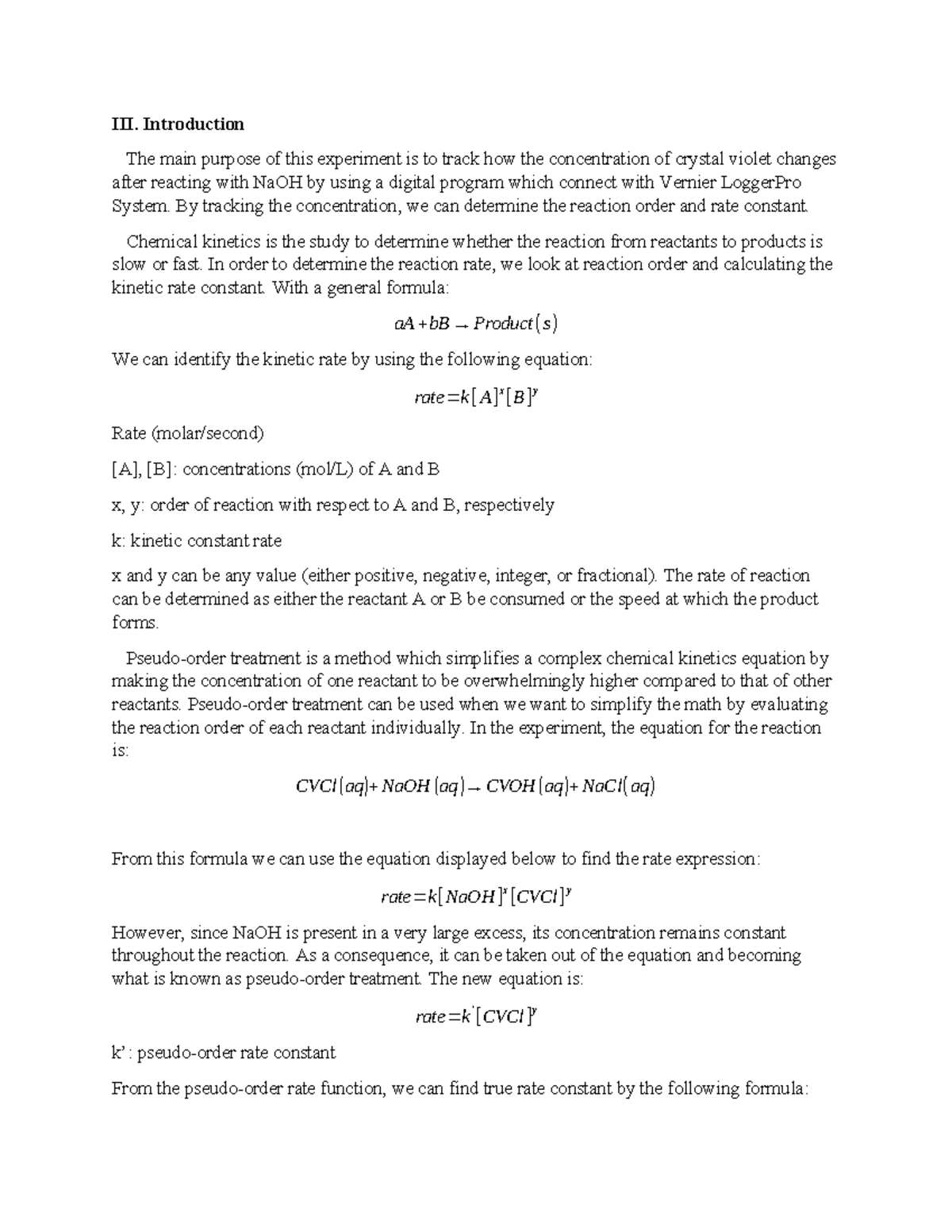 Chemical Kinetics Lab Report: Reaction Order of Crystal Violet (CHEM ...