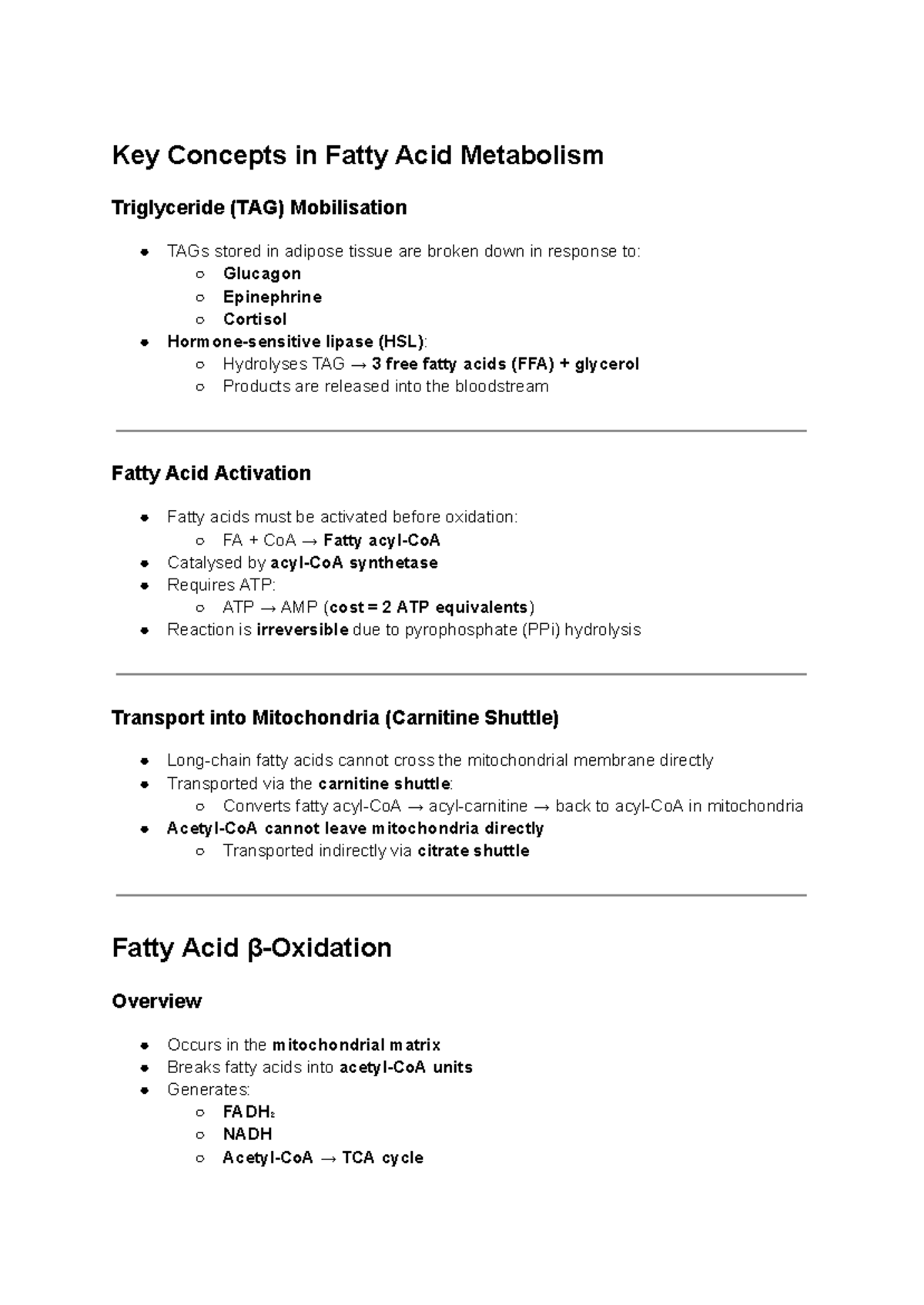Key Concepts in Fatty Acid Metabolism: TAG Mobilisation & Activation ...