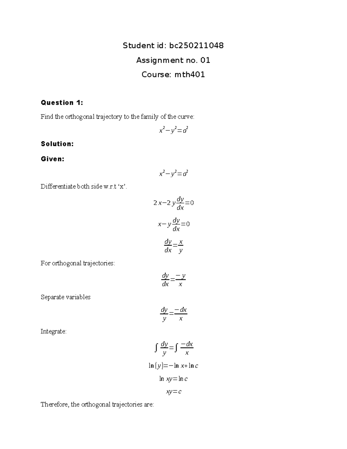 MTH401 Assignment 01: Orthogonal Trajectories & Differential Equations ...