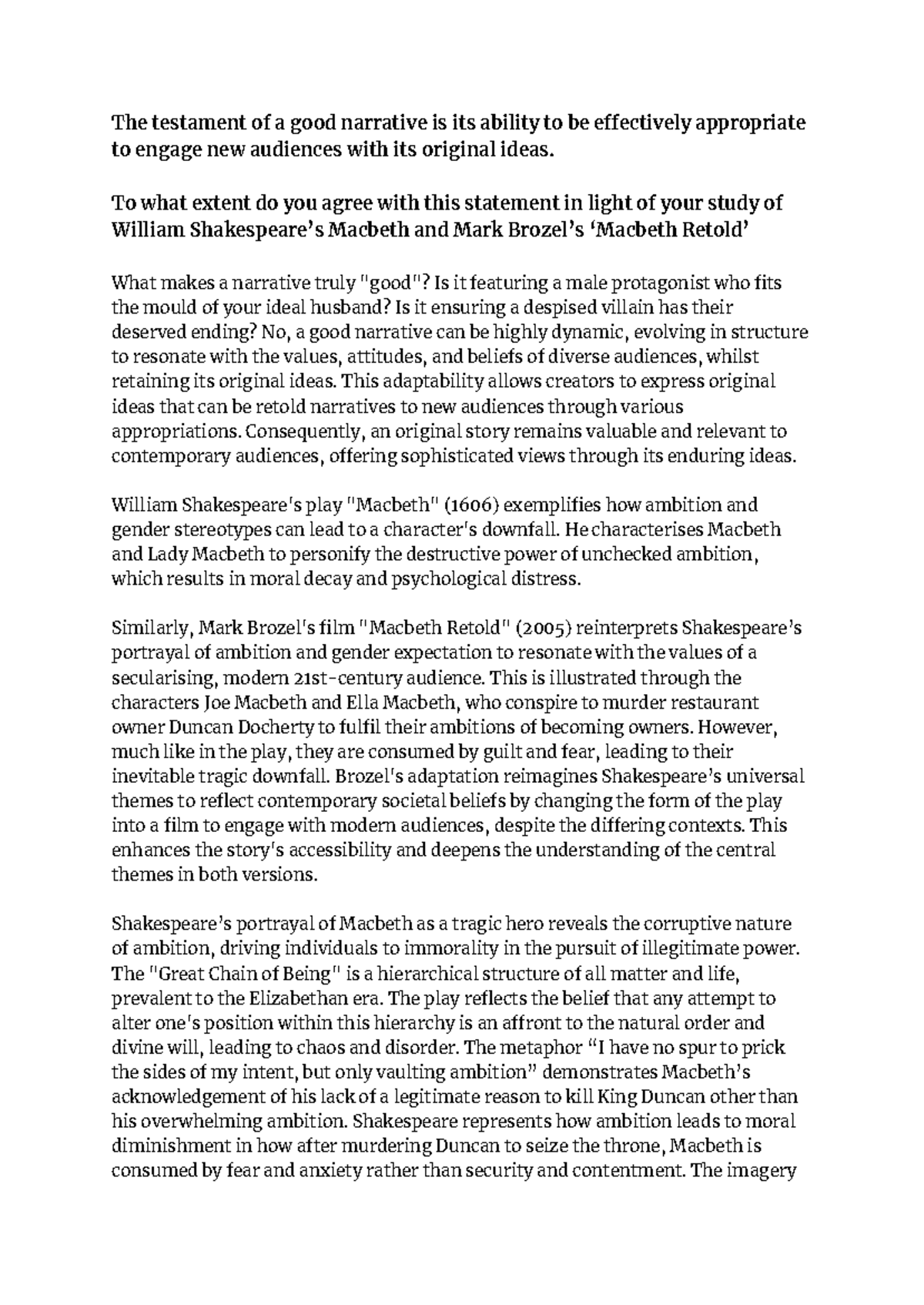 Macbeth Analysis & Adaptation: A Study of Shakespeare & Brozel - Studocu