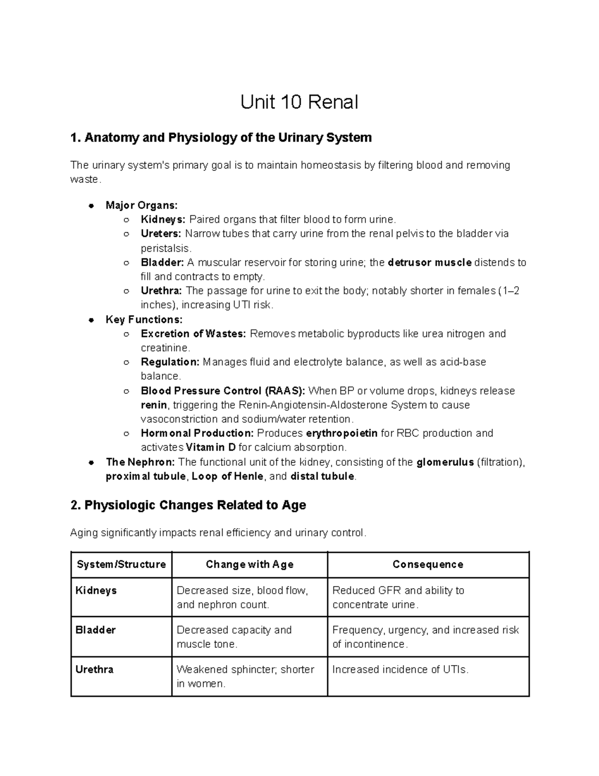 Unit 10 & 11 Study Guide: Anatomy, Physiology, and Aging of Urinary ...