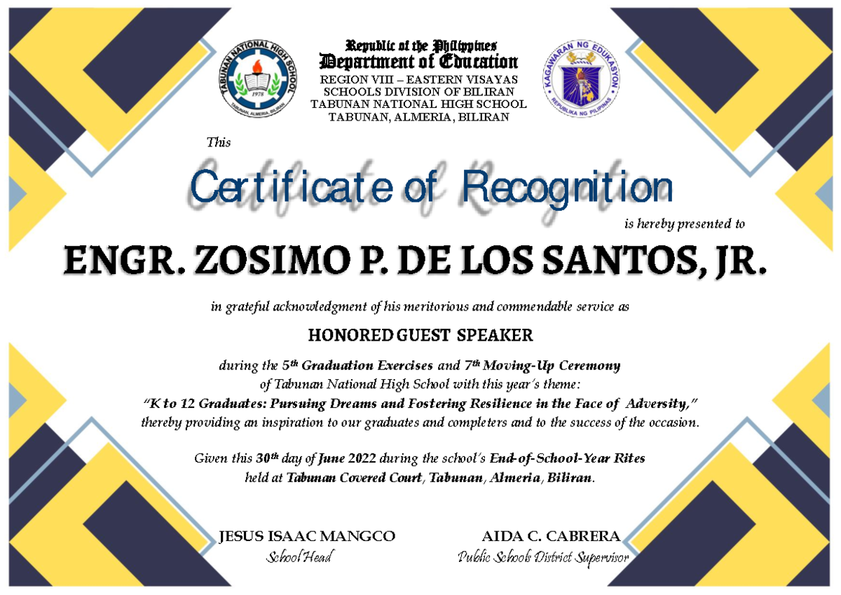 Certificate OF Regognition FOR Guest Speaker - ENGR. ZOSIMO P. DE LOS ...