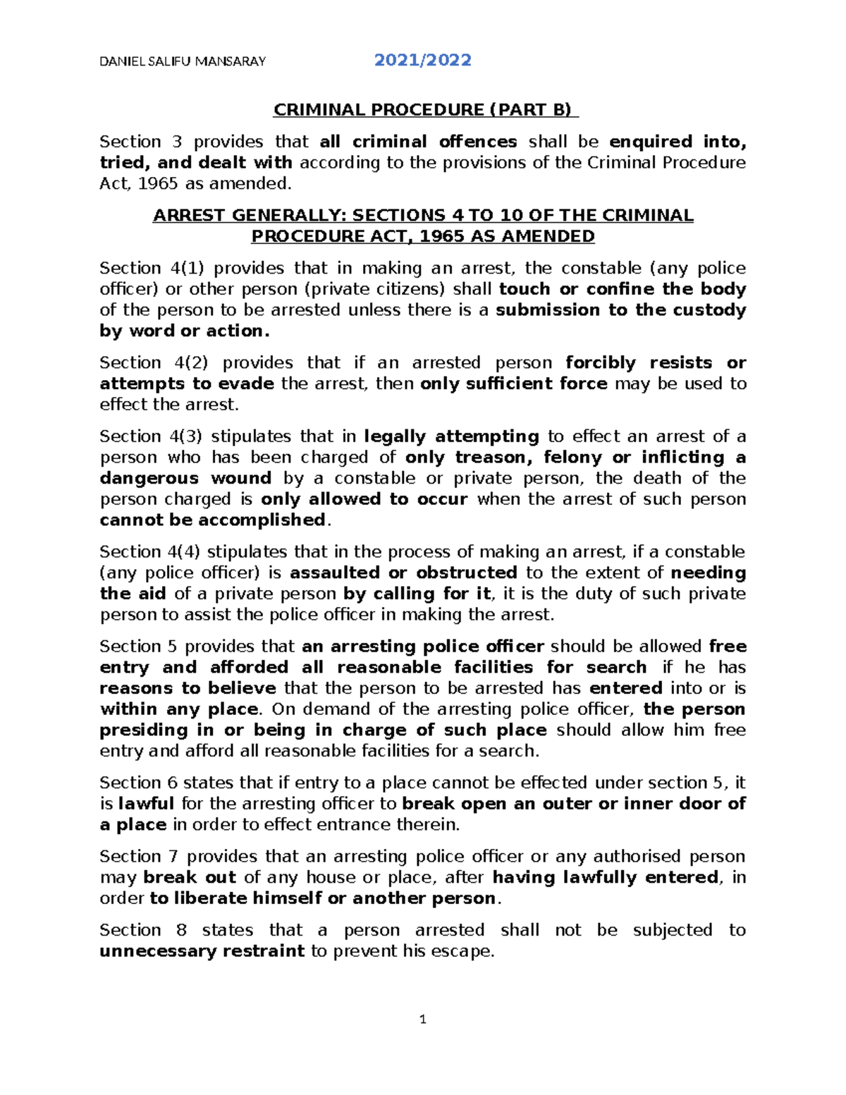 Criminal Procedure (CPA 1965): Key Aspects of Arrest and Charges - Studocu