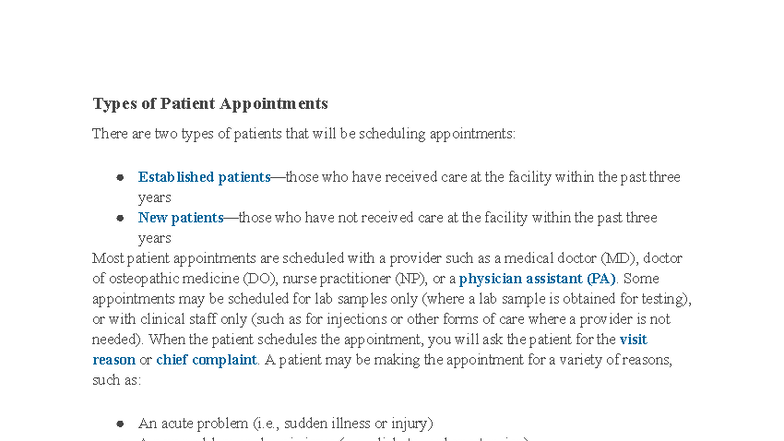Types of Patient Appointments Overview: Established vs. New - Studocu