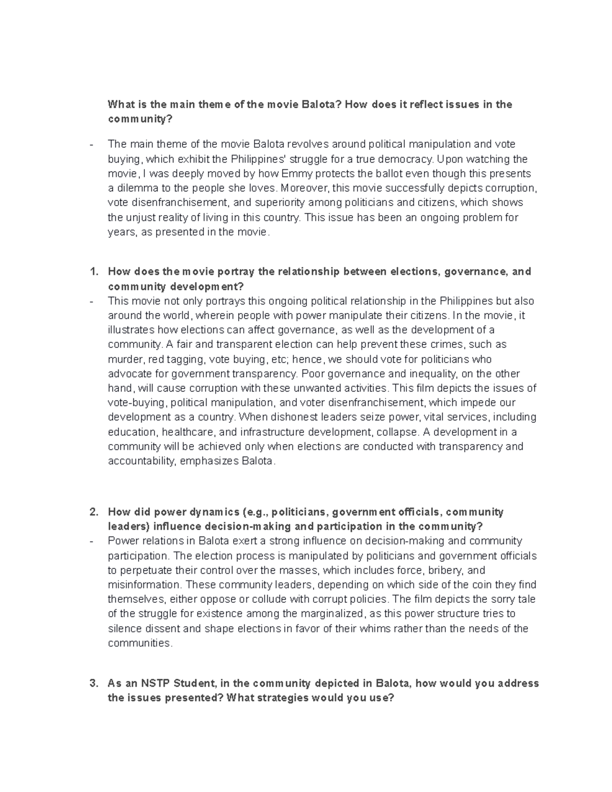 Analysis of Community Issues in the Movie Balota - NSTP Study - Studocu
